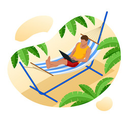 Isometric young man working on beach Royalty Free Vector
