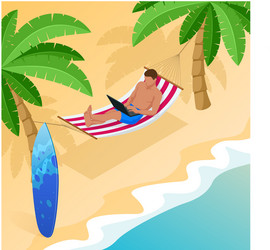 Isometric young man working on beach Royalty Free Vector