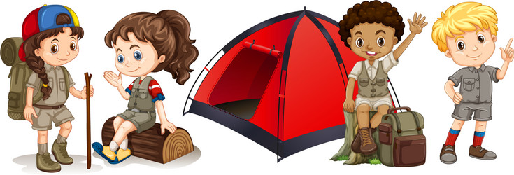 Happy kids at camping tent Royalty Free Vector Image