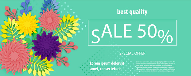 Horizontal paper flower sale banner Royalty Free Vector