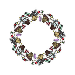 Sweet cake circle frame with desserts macaroon Vector Image