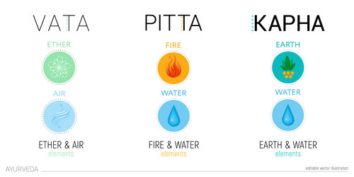 Vata pitta and kapha doshas with ayurvedic icons Vector Image
