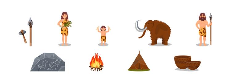 Stone age objects with fire tent cave bowl Vector Image
