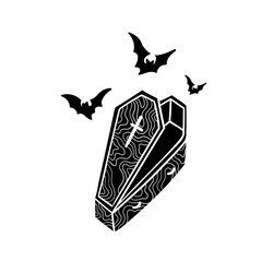 Hand drawn of a coffin and bat outline Royalty Free Vector