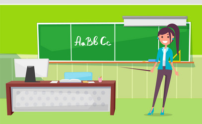 Teacher with pointer near chalkboard with alphabet