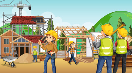 Cartoon scene of building house construction site Vector Image