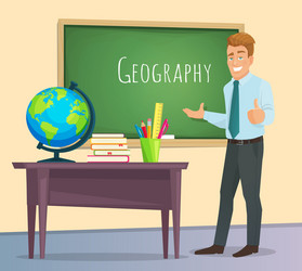 Geography teacher points to the globe Royalty Free Vector