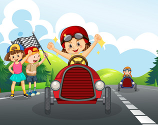Outdoor scene with children racing car Royalty Free Vector