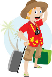 Cartoon funny tanned tourist stands Royalty Free Vector