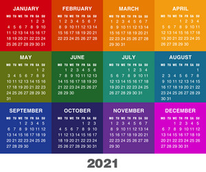 Colorful calendar for 2021 year week starts Vector Image