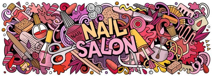 Nail salon doodle cartoon funny banner Royalty Free Vector