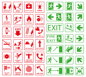 Fire safety sign warnings and actions Royalty Free Vector