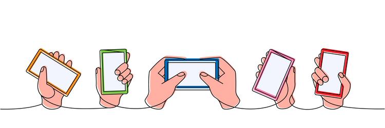 Hands holding phones outline sketch set Royalty Free Vector