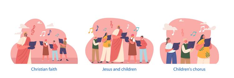 Jesus and children gathered holding musical notes Vector Image
