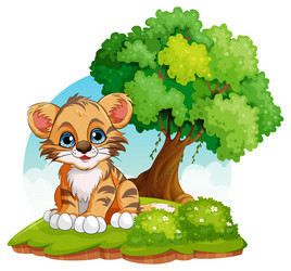 Cute baby tiger sitting on tree stump with green p