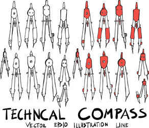 Technical compass doodle icon set drawing sketch Vector Image