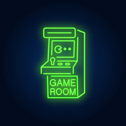 Victory game room neon text with arcade game Vector Image