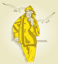 Cartoon old sea captain holding a fish Royalty Free Vector