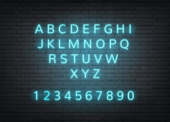 Neon alphabet retro letters on brick wall Vector Image