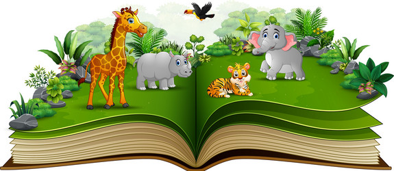 Open book with animal cartoon playing in the park Vector Image