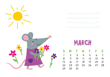 March calendar page with cute rat flowers Vector Image