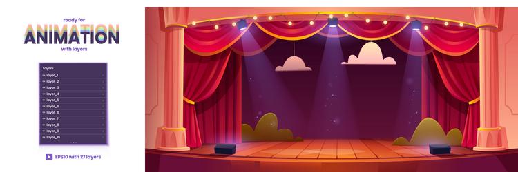 Theater stage with red curtains columns backdrop Vector Image