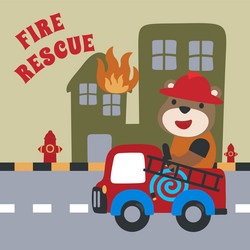 Fire rescue team with funny firefighter cartoon Vector Image