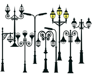 Street lamp road lights silhouettes Royalty Free Vector
