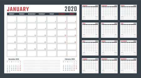 Calendar for 2020 starts monday Royalty Free Vector Image