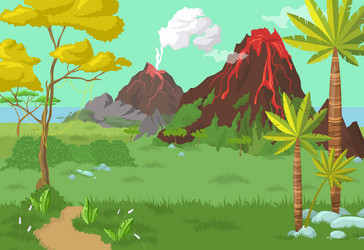 Volcano eruption cartoon background Royalty Free Vector