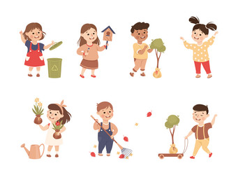 Cute kids caring about earth planet saving world Vector Image