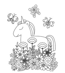 Coloring book with cute unicorn and flowers Vector Image