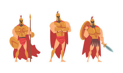 Spartan man in red cloak and helmet armed Vector Image