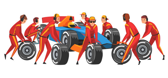 Racing crew cartoon pit stop team in uniform Vector Image