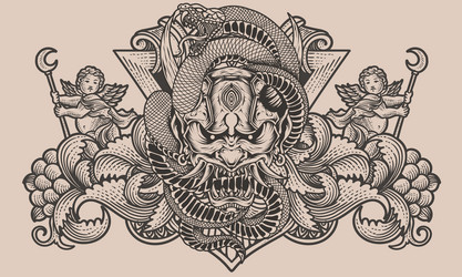 Demon mask with snake engraving style Royalty Free Vector
