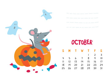October calendar page with cute rat celebrate Vector Image