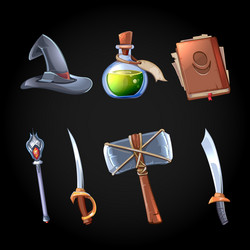 Cartoon fantasy weapons icons set Royalty Free Vector Image