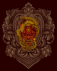 Demon mask with snake engraving style Royalty Free Vector