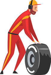 Pit stop crew member changing tire wheel engaged Vector Image