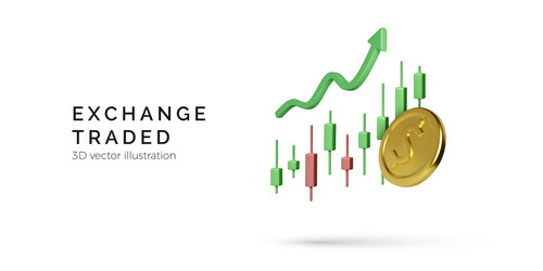 Candlestick chart with upward arrow and gold coins