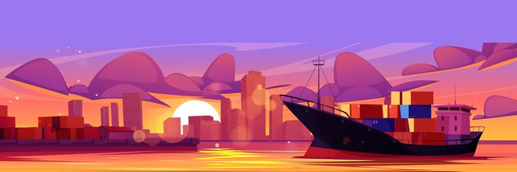 Cartoon cargo ship in maritime port Royalty Free Vector