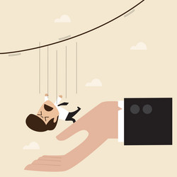 Businessman climbing on rope meanwhile giant knife