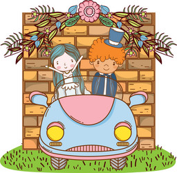 Wedding couple on car cute cartoon Royalty Free Vector Image