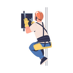 Man working at height with hammer suspended Vector Image