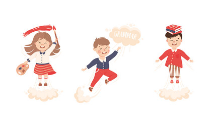 Superhero kid at school flying forward achieving Vector Image