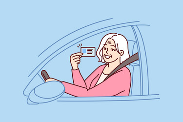 Happy elderly woman demonstrates driver license Vector Image