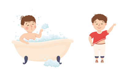 Little boy having shower in bathroom on his own Vector Image