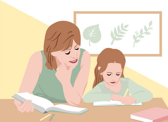 Mother with her daughter doing lesson at home Vector Image