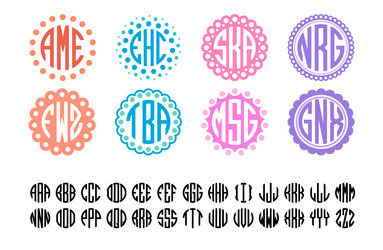 Geometric circle monograms font family with 3 Vector Image
