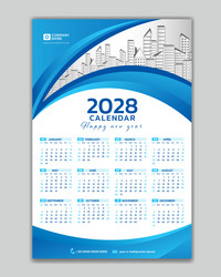 Wall calendar 2028 year blue wave template Vector Image